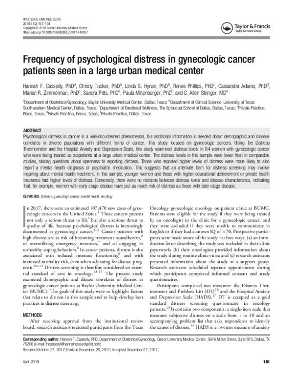 (PDF) Frequency of psychological distress in gynecologic cancer ...