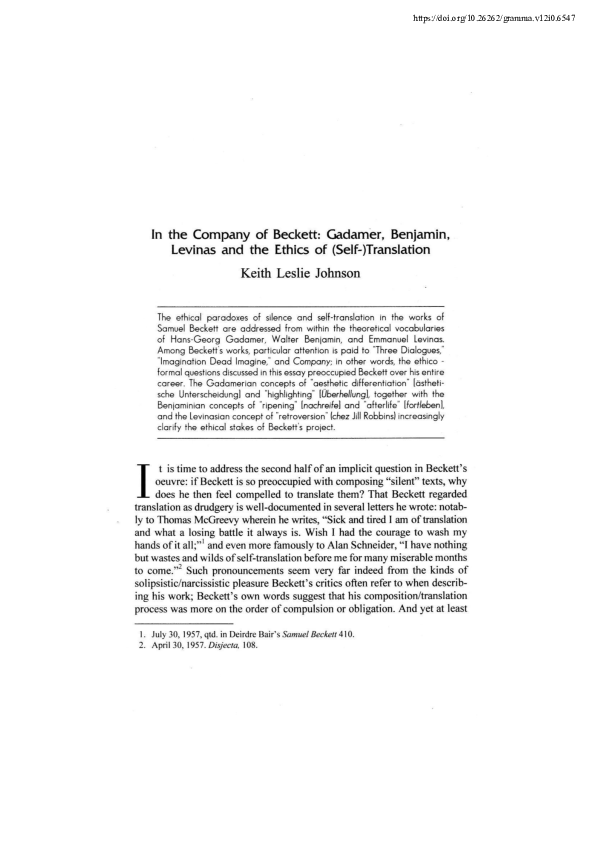 (PDF) In the Company of Beckett: Gadamer, Benjamin, Levinas and the ...