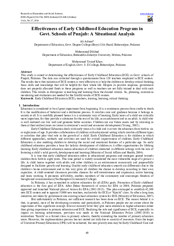 (PDF) Effectiveness of Early Childhood Education Program in Govt. Schools of Punjab: A ...