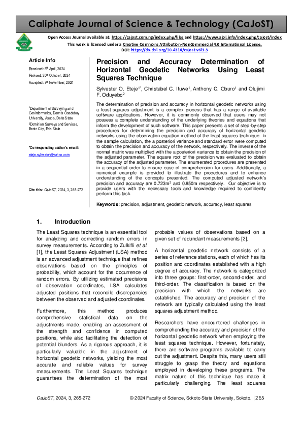 Pdf Precision And Accuracy Determination Of Horizontal Geodetic Networks Using Least Squares