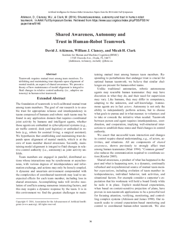 (PDF) Shared Awareness, Autonomy and Trust in Human-Robot Teamwork | David Atkinson - Academia.edu