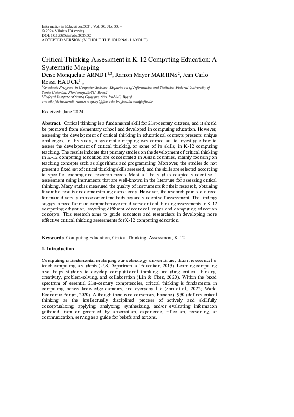 (PDF) Critical Thinking Assessment in K-12 Computing Education: A Systematic Mapping
