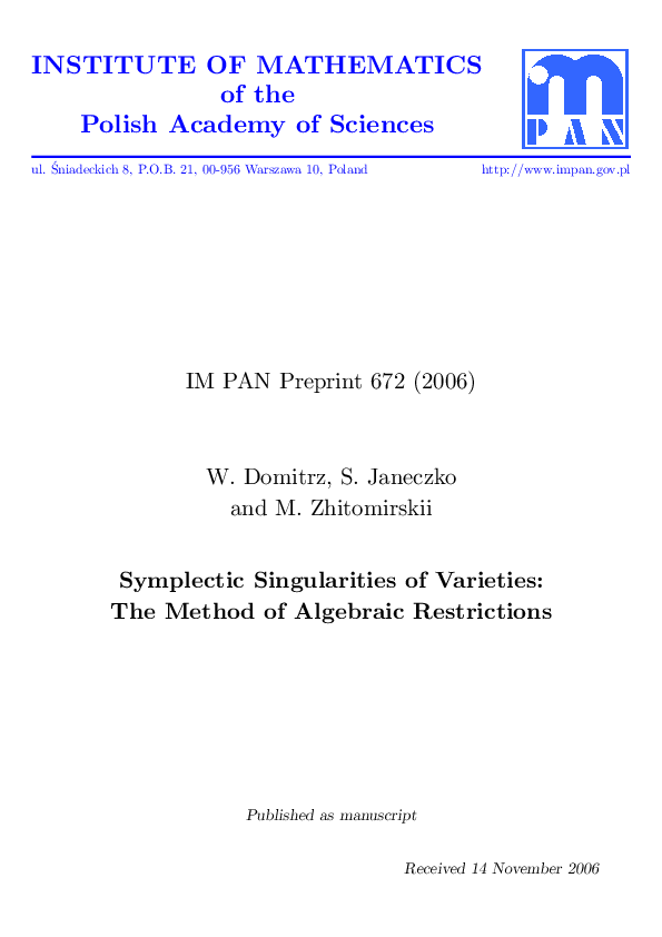 (PDF) Symplectic singularities of varieties: The method of algebraic ...