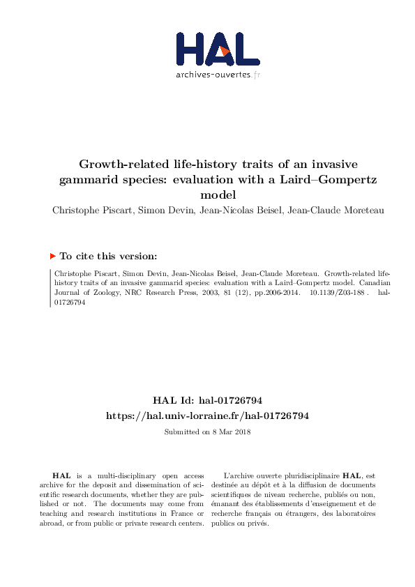(PDF) Growth-related life-history traits of an invasive gammarid species: evaluation with a ...