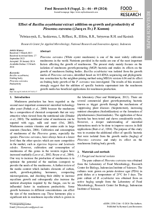 (PDF) Effect of Bacillus aryabhattai extract addition on growth and productivity of Pleurotus ...