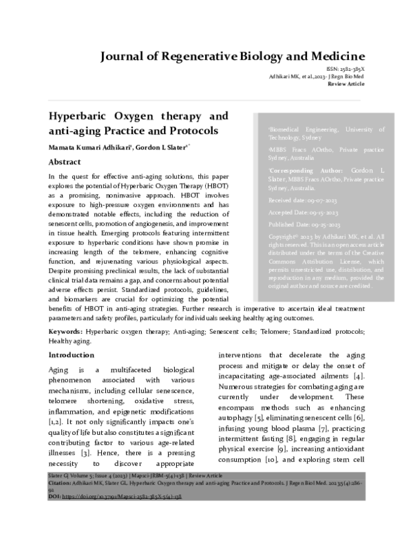 (PDF) Hyperbaric Oxygen therapy and anti-aging Practice and Protocols