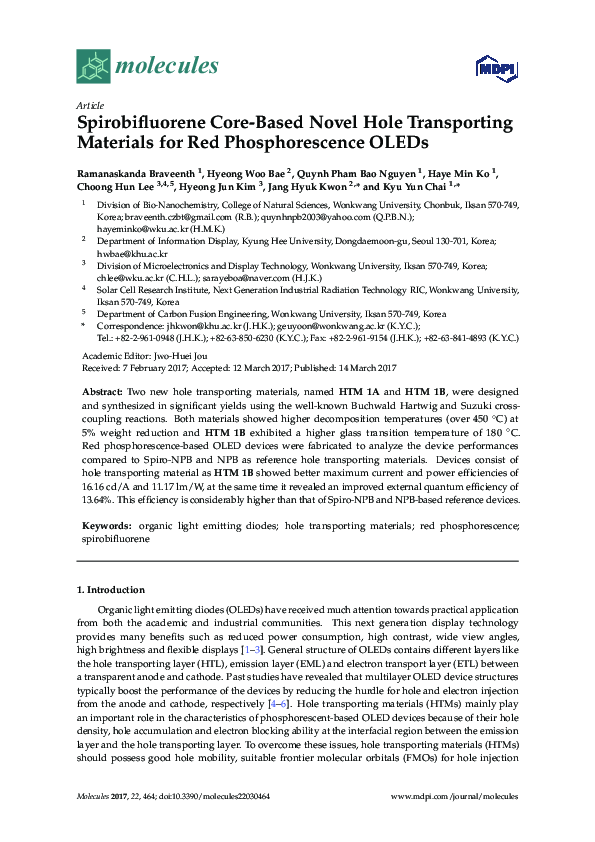(PDF) Spirobifluorene Core-Based Novel Hole Transporting Materials for ...