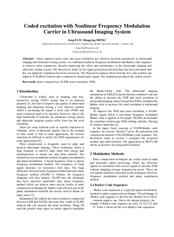 (PDF) Coded excitation with Nonlinear Frequency Modulation Carrier in Ultrasound Imaging System