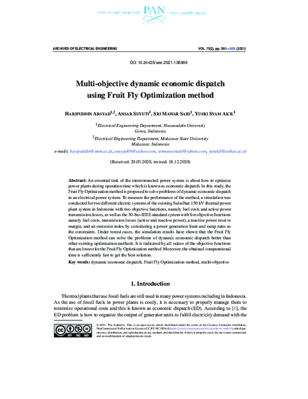 (PDF) Multi-objective dynamic economic dispatch using Fruit Fly Optimization method