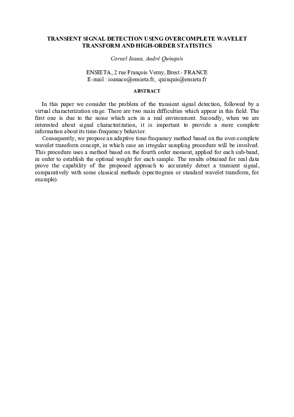 (PDF) Transient signal detection using overcomplete wavelet transform and high-order statistics