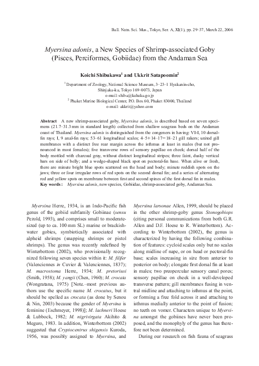 (PDF) Myersina adonis, a New Species of Shrimp-associated Goby (Pisces ...