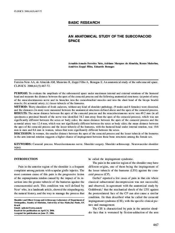 (PDF) An Anatomical Study of the Subcoracoid Space