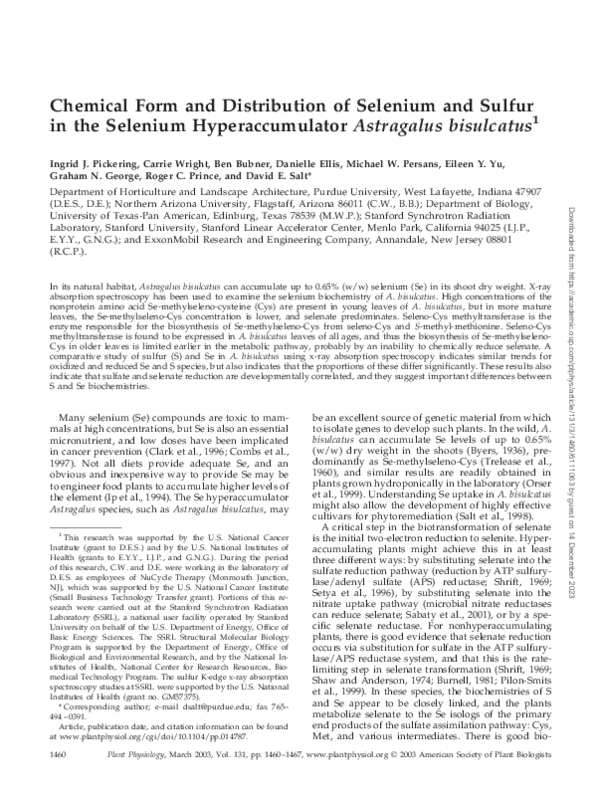 Pdf Chemical Form And Distribution Of Selenium And Sulfur In The Selenium Hyperaccumulator