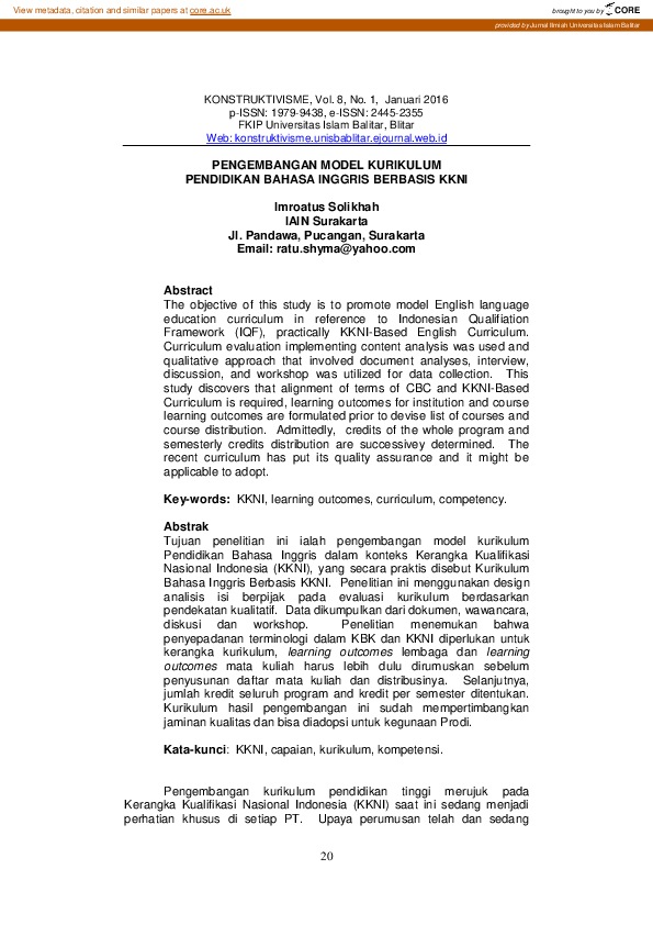 (PDF) Pengembangan Model Kurikulum Pendidikan Bahasa Inggris Berbasis Kkni | imroatus Solikhah ...