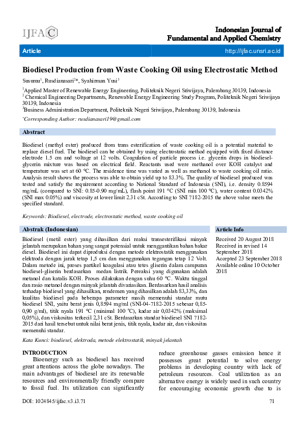 (PDF) Biodiesel Production from Waste Cooking Oil using Electrostatic ...