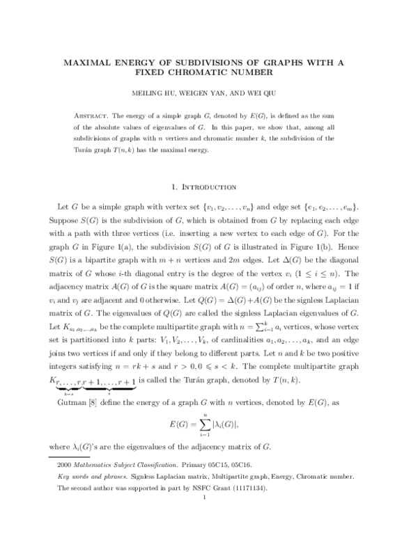 (PDF) Maximal Energy of Subdivisions of Graphs with a Fixed Chromatic Number