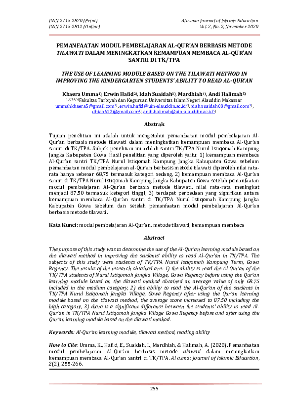 (PDF) Pemanfaatan Modul Pembelajaran Al-Qur’An Berbasis Metode Tilawati Dalam Meningkatkan ...