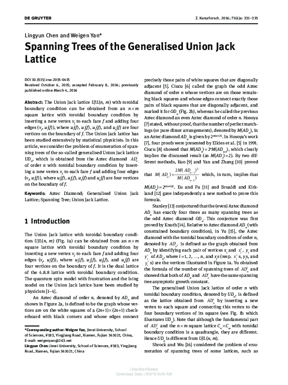 (PDF) Spanning Trees of the Generalised Union Jack Lattice