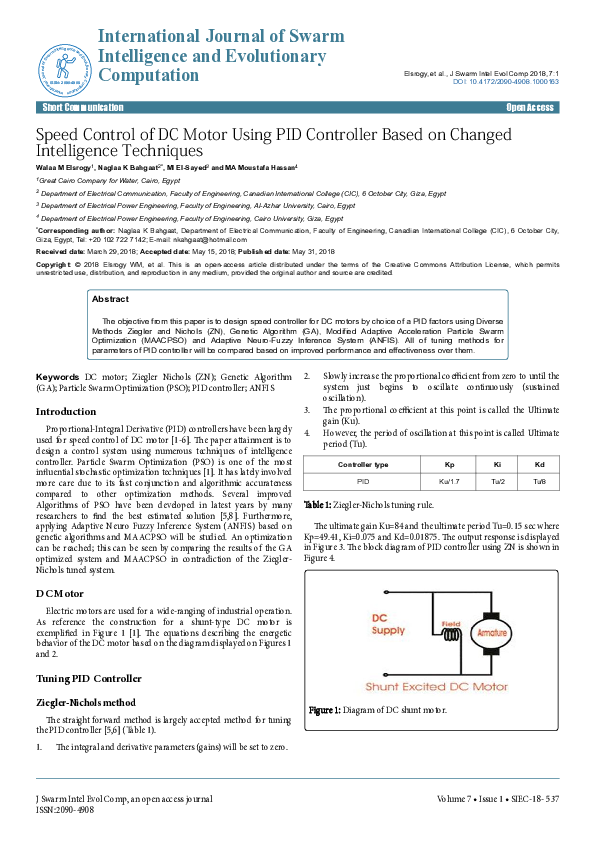 (PDF) Speed control of DC motor using PID controller based on artificial intelligence techniques