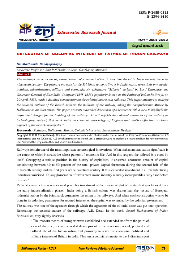 (PDF) Reflection Of Colonial Interest Of Father Of Indian Railways