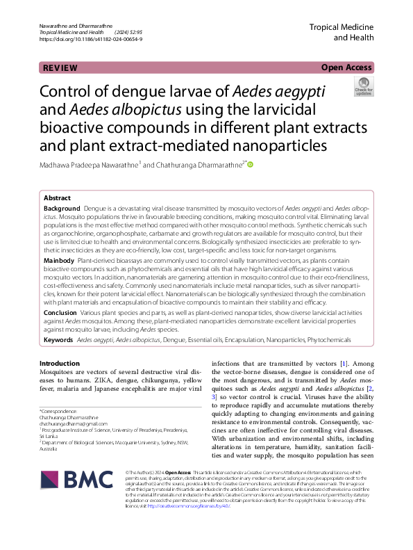 (PDF) Control of dengue larvae of Aedes aegypti and Aedes albopictus using the larvicidal ...