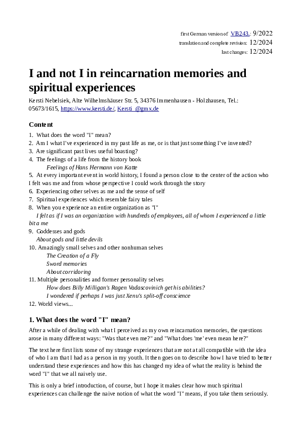 (PDF) I and not I in reincarnation memories and spiritual experiences