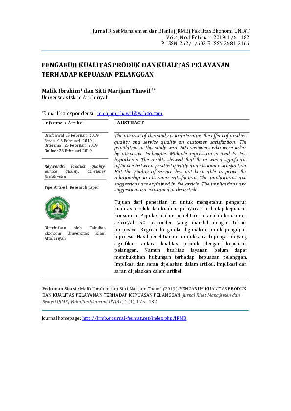 (PDF) PENGARUH KUALITAS PRODUK DAN KUALITAS PELAYANAN TERHADAP KEPUASAN PELANGGAN