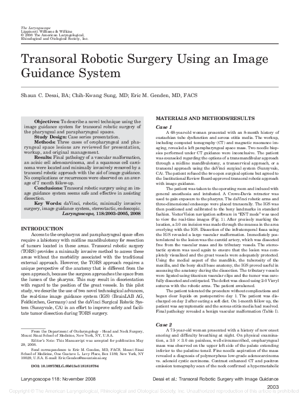 (PDF) Transoral Robotic Surgery Using an Image Guidance System