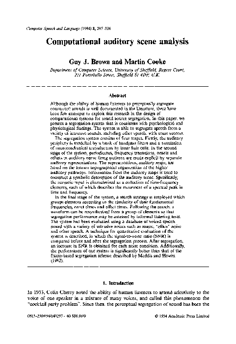 (PDF) Computational auditory scene analysis
