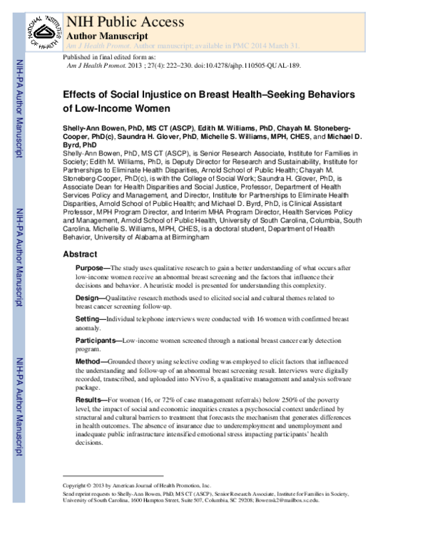 (PDF) Effects of Social Injustice on Breast Health—Seeking Behaviors of ...