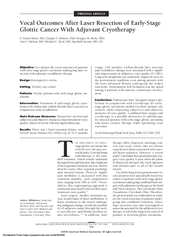 (PDF) Vocal Outcomes After Laser Resection of Early-Stage Glottic ...