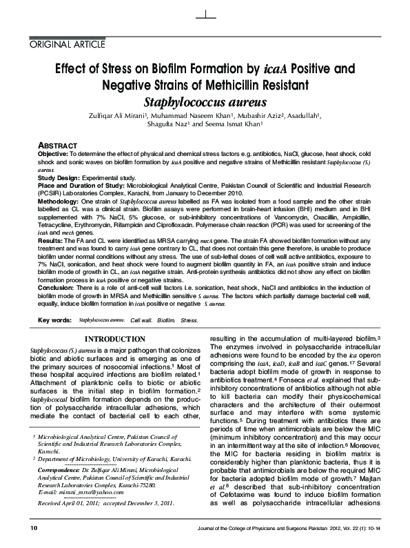 (PDF) Effect of Stress on Biofilm Formation by icaA Positive and Negative Strains of Methicillin ...