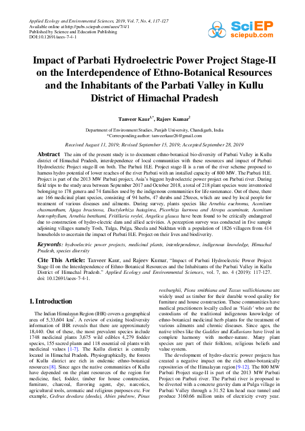 (PDF) Impact of Parbati Hydroelectric Power Project Stage-II on the ...