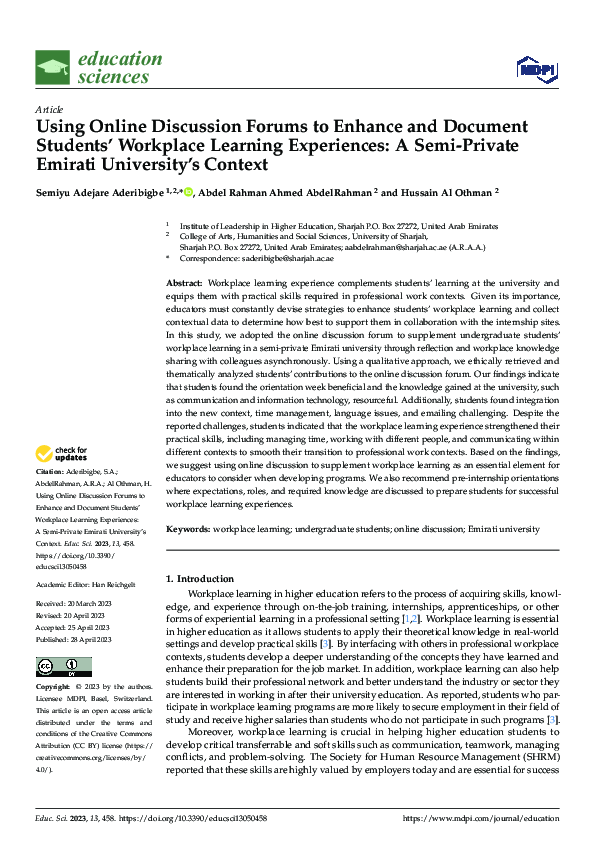 (PDF) Using Online Discussion Forums to Enhance and Document Students’Workplace Learning ...