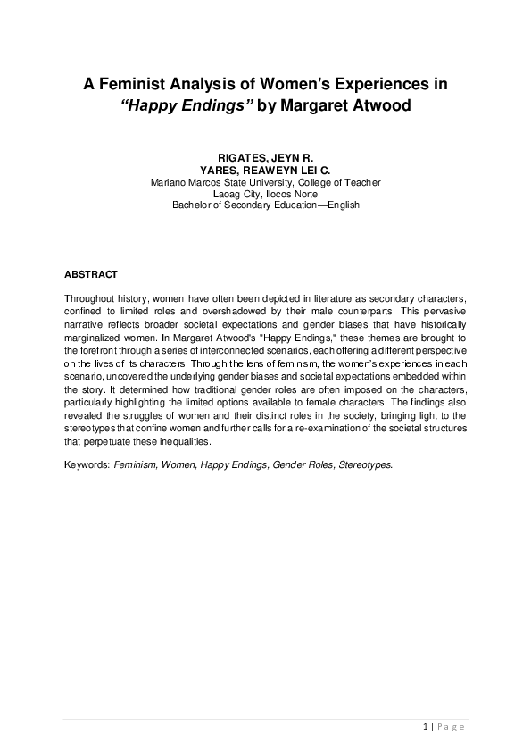 (PDF) HAPPY ENDINGS ANALYSIS BY JEYN RIGATES AND REAWEYN LEI YARES