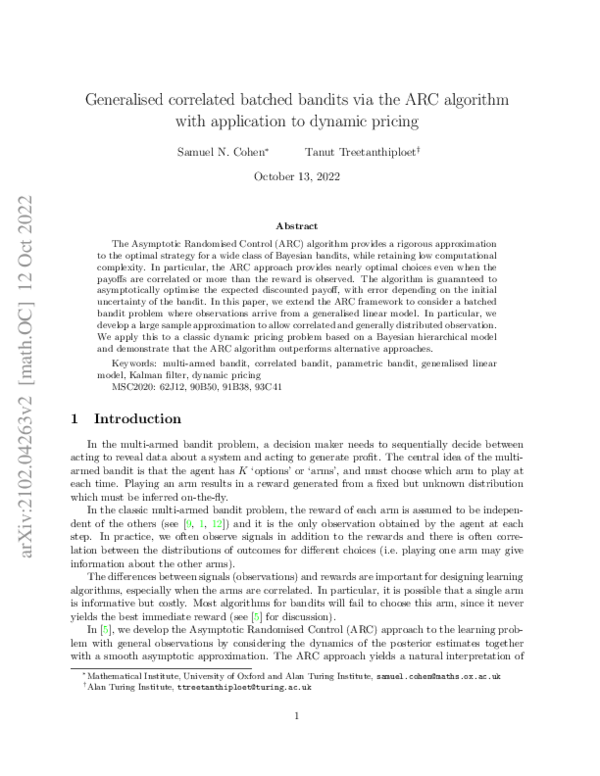 (PDF) Generalised correlated batched bandits via the ARC algorithm with application to dynamic ...