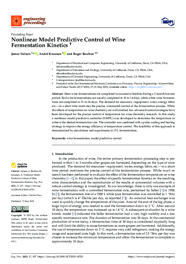 (PDF) Nonlinear Model Predictive Control of Wine Fermentation Kinetics