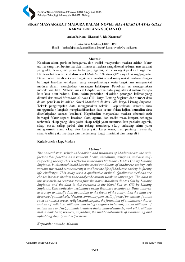(PDF) Sikap Masyarakat Madura Dalam Novel Matahari DI Atas Gilli Karya Lintang Sugianto