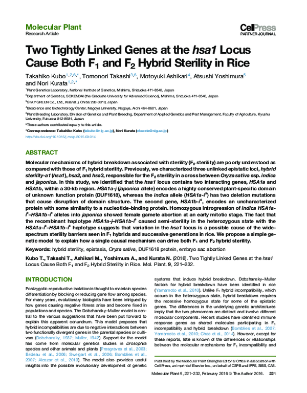 (PDF) Two Tightly Linked Genes at the hsa1 Locus Cause Both F1 and F2 ...