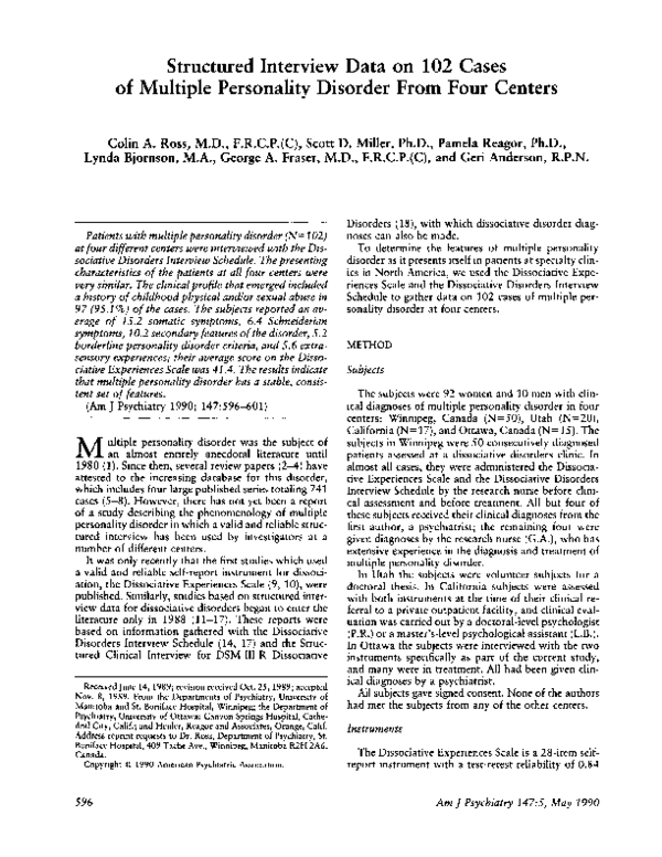 (PDF) Structured interview data on 102 cases of multiple personality disorder from four centers