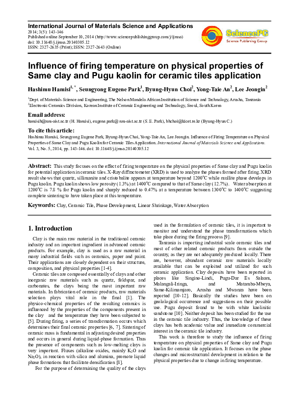 (PDF) Influence of Firing Temperature on Physical Properties of Same Clay and Pugu Kaolin for ...