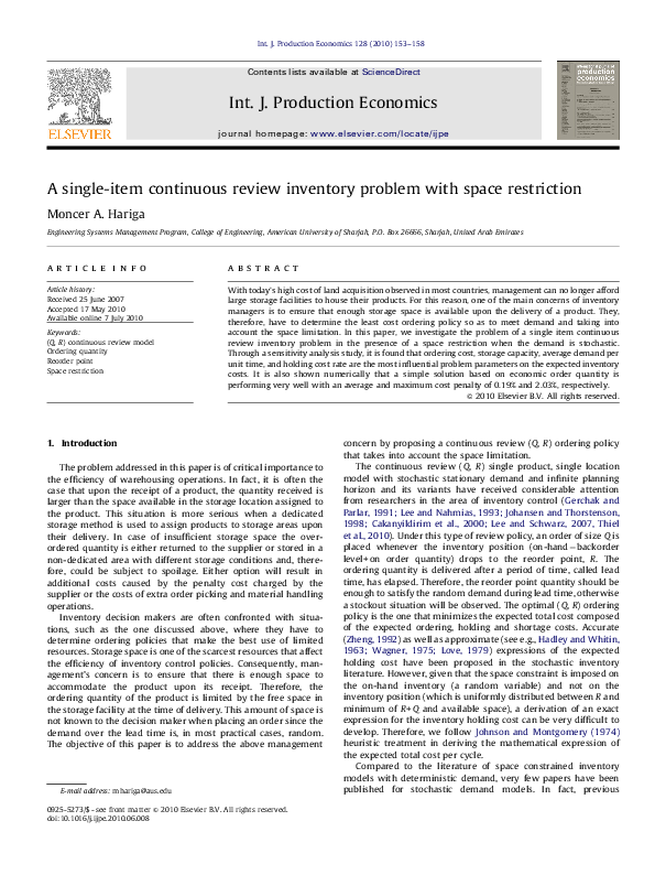 (PDF) A single-item continuous review inventory problem with space restriction