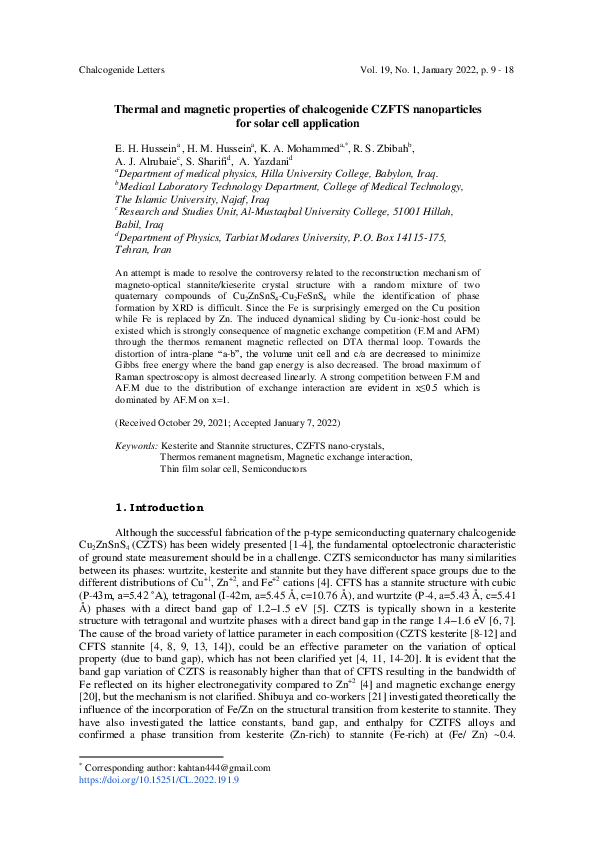 (PDF) Thermal and magnetic properties of chalcogenide CZFTS ...