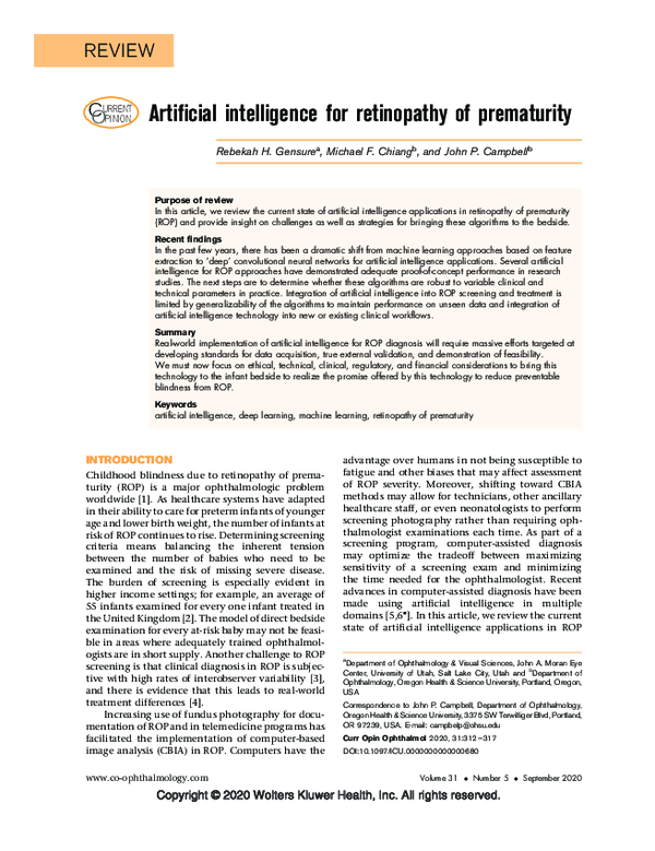 (PDF) Artificial intelligence for retinopathy of prematurity