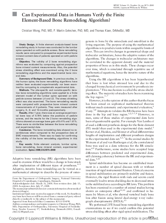 (PDF) Can Experimental Data in Humans Verify the Finite Element-Based ...
