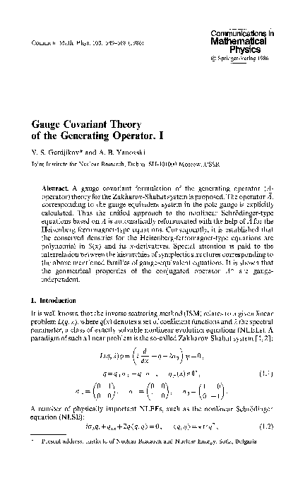 (PDF) Gauge covariant theory of the generating operator. I