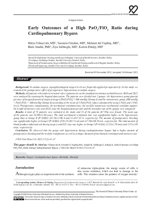 (PDF) Early Outcomes of a High PaO2/FiO2 Ratio during Cardiopulmonary ...
