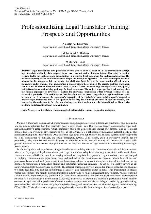(PDF) Professionalizing Legal Translator Training: Prospects and Opportunities