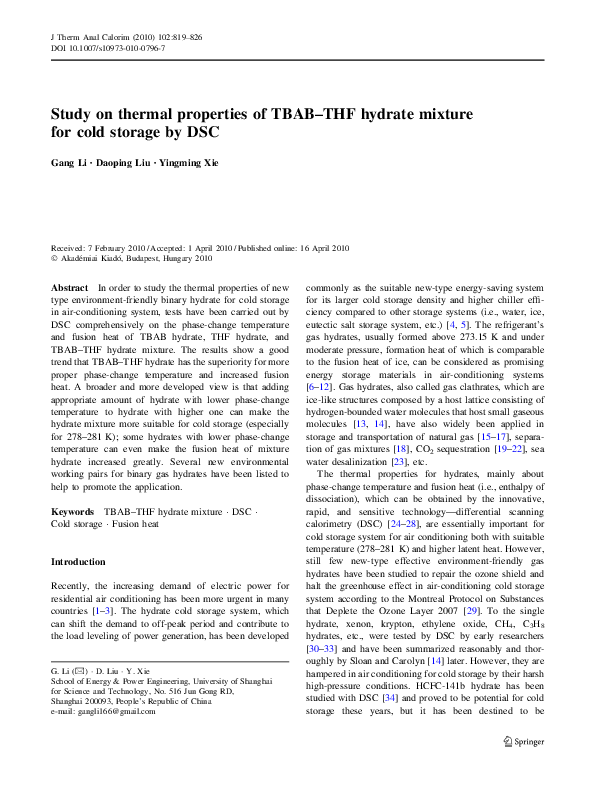 (PDF) Study on thermal properties of TBAB–THF hydrate mixture for cold ...