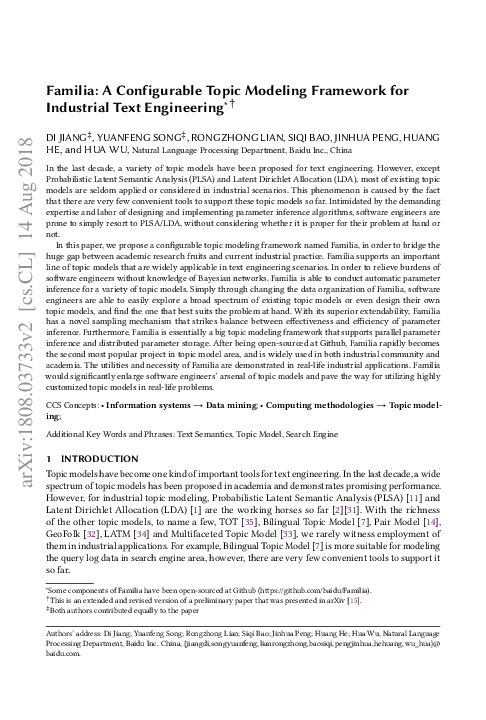 (PDF) Familia: A Configurable Topic Modeling Framework for Industrial Text Engineering